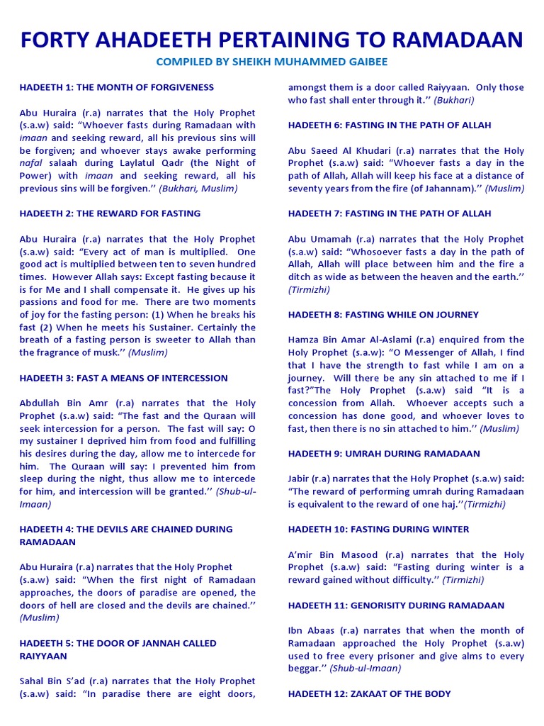 Forty Ahadeeth Pertaining To Ramadaan 2019 | PDF | Hadith | Muhammad