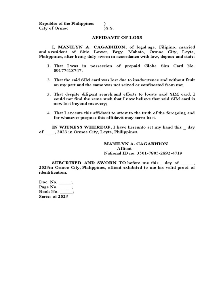 Affidavit of Loss (Sim Card) | PDF