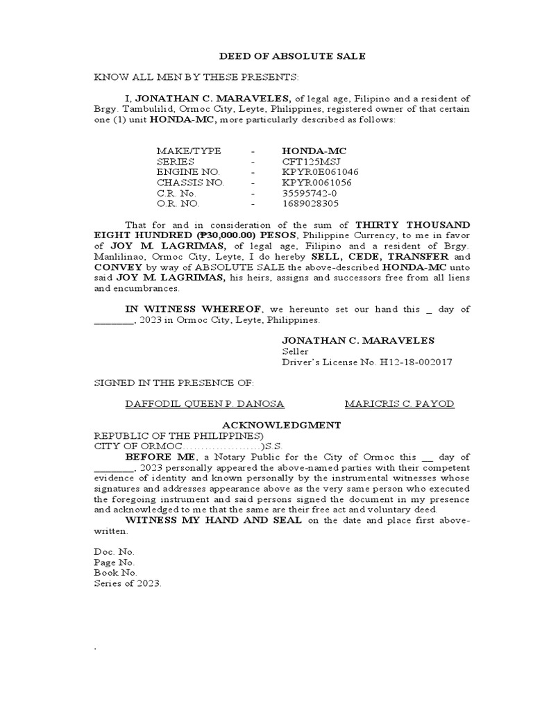 Deed of Absolute Sale | PDF | Justice | Crime & Violence
