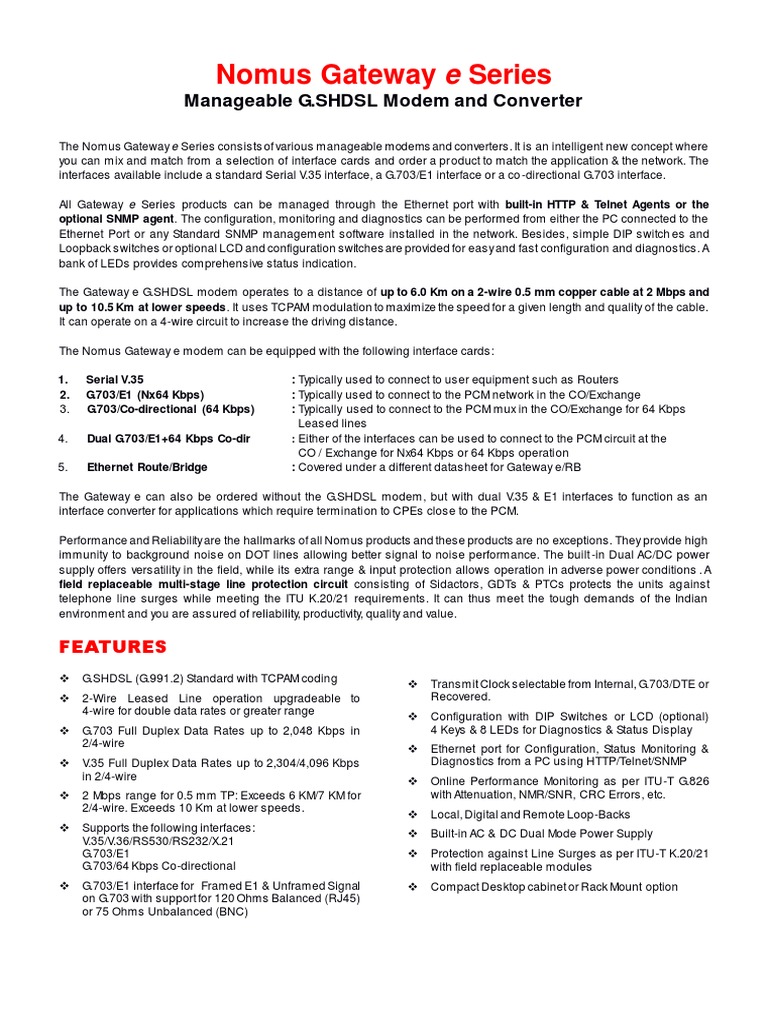 Gateway e 2m G SHDSL 2 3 4 6 Mbps nx64 Modem | PDF | Modem | Network Switch
