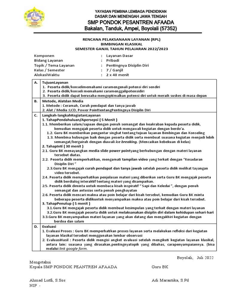 RPL Dan Materi BK - Pentingnya Disiplin Diri Kelas 7 | PDF