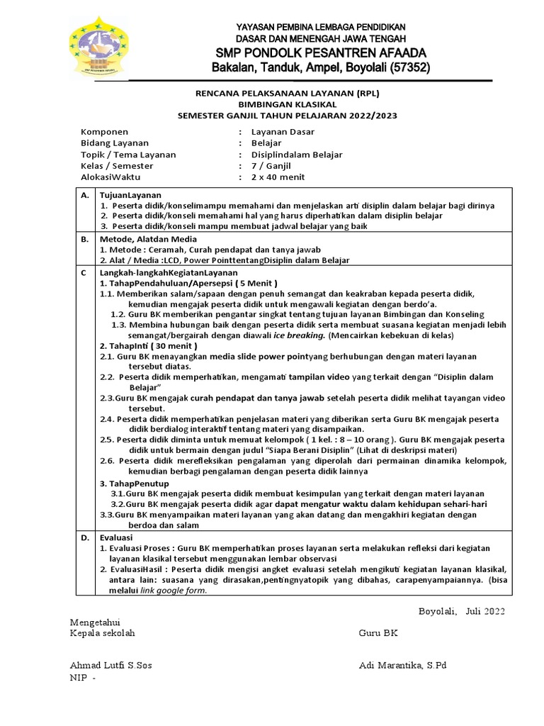 RPL DAN MATERI BK - DISIPLIN DALAM BELAJAR Kelas 7 | PDF