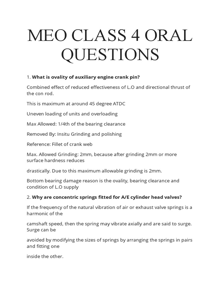 MEO Class 4 Oral Exam Questions Guide | PDF | Internal Combustion ...