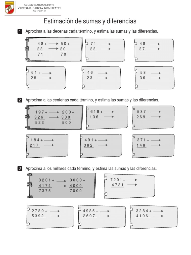 Ficha de Estimación de Sumas y Restas | PDF
