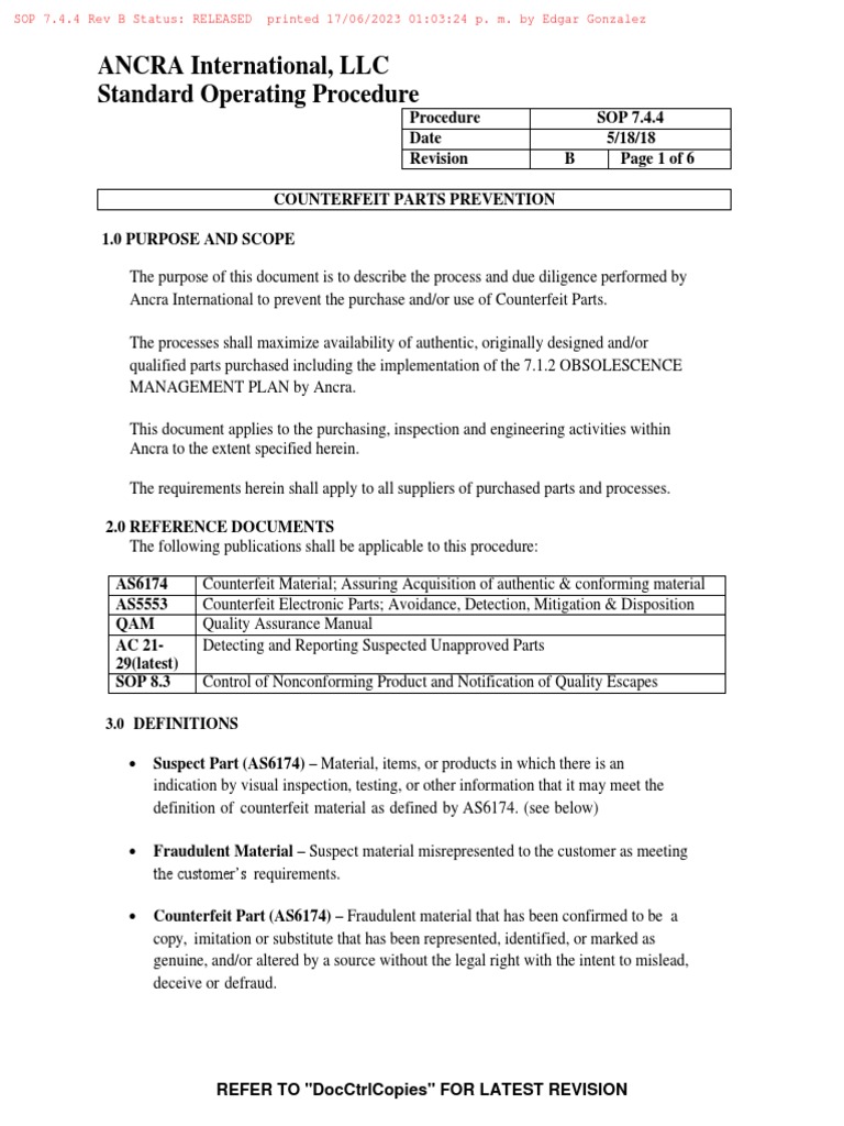 Sop 7.4.4 Counterfeit Parts Prevention | PDF | Counterfeit | Business