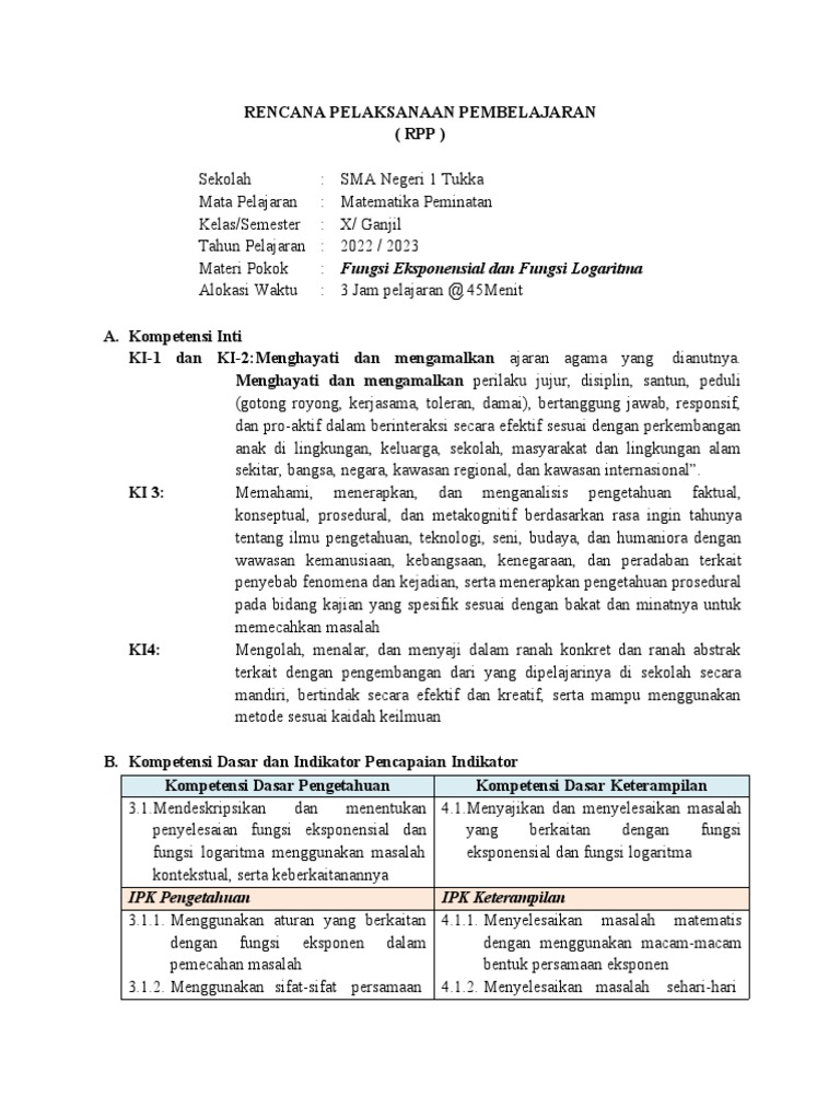 RPP Fungsi Eksponen Dan Logaritma | PDF