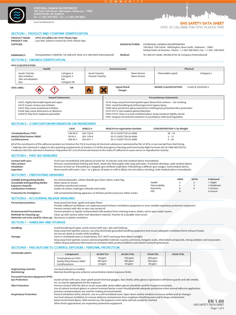 SDS CPVC Cement | PDF | Toxicity | Personal Protective Equipment