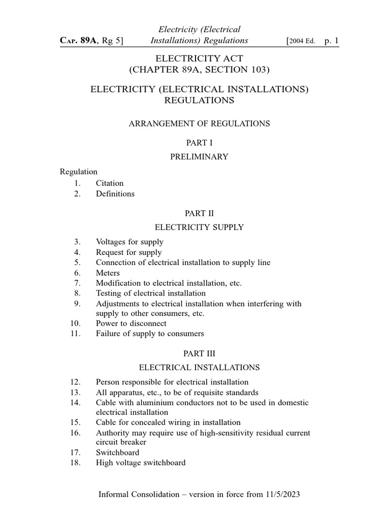 Electricity (Electrical Installations) Regulations | PDF | Electrical ...