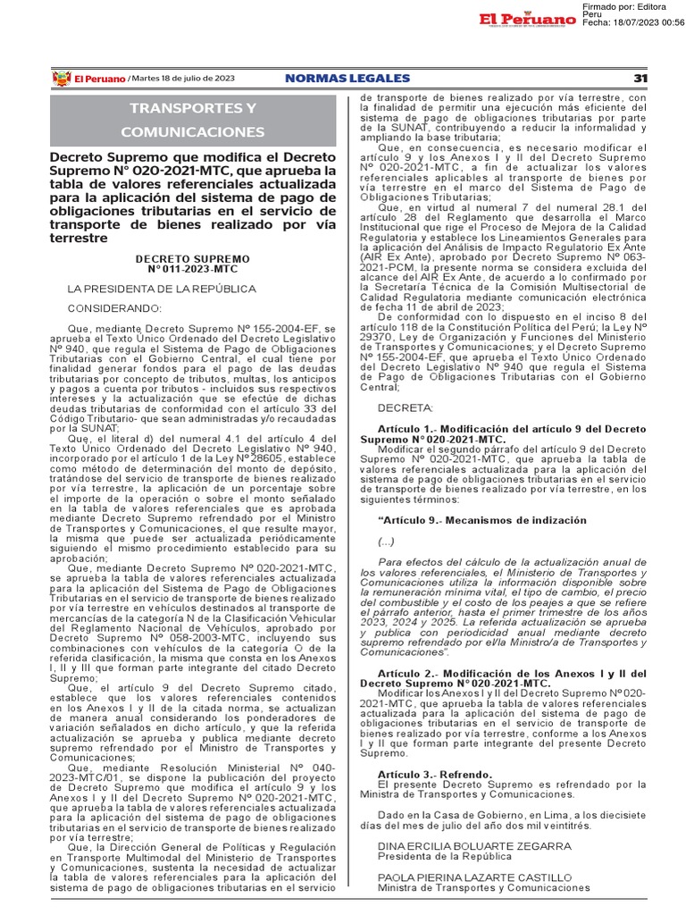 Decreto Supremo Que Modifica El Decreto Supremo N 020 2021 Decreto Supremo N 011 2023 MTC ...