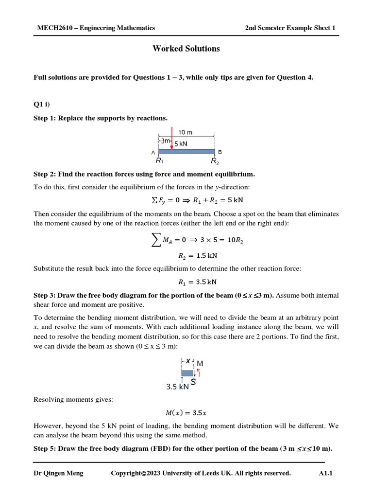 Semester 2 - Example Sheet 1 - Solutions | PDF | Beam (Structure) | Force