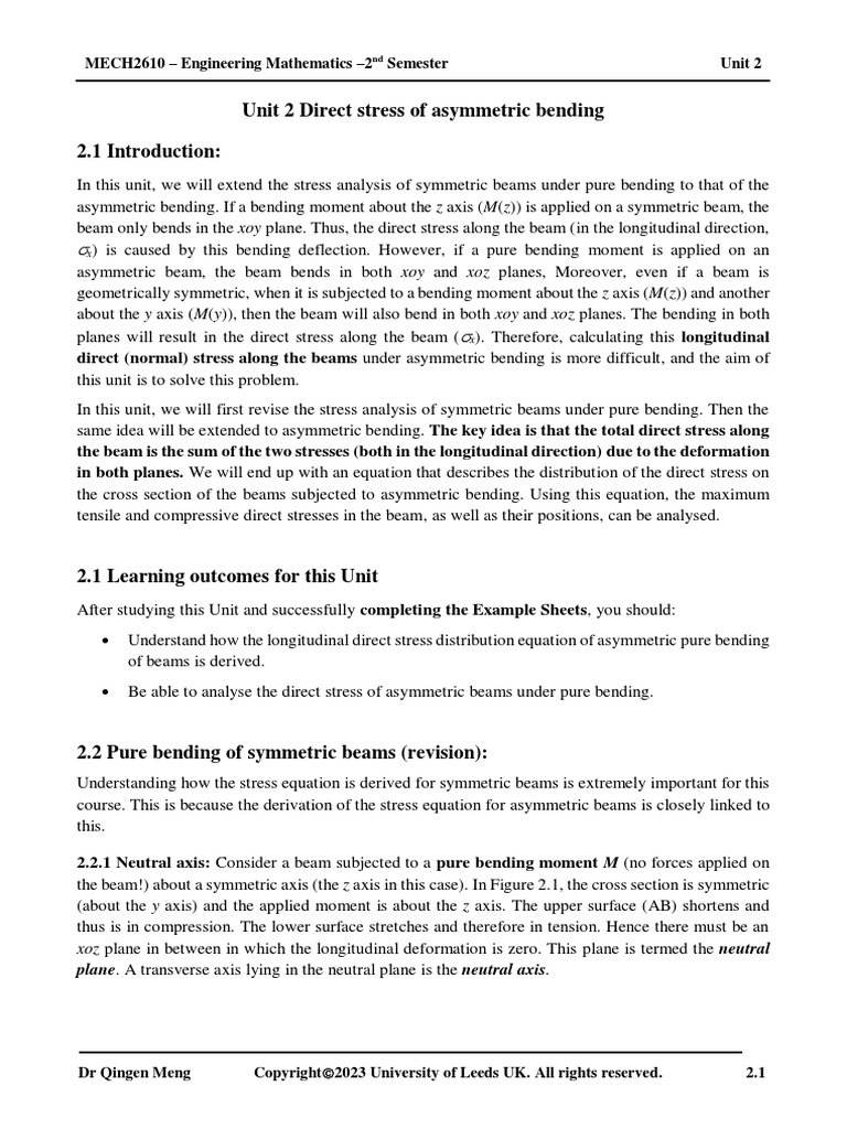 MECH2610 - S2 - Unit 2 - Lecture Notes - Full | PDF | Bending | Beam ...
