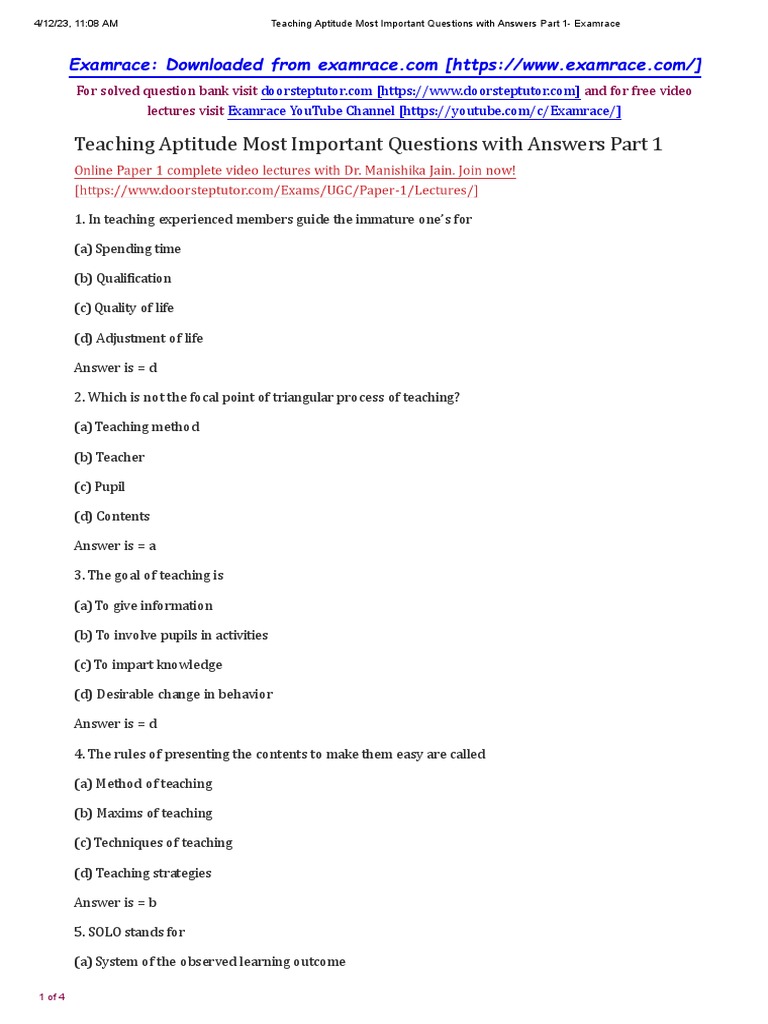 Teaching Aptitude Most Important Questions With Answers Part 1 | PDF | Learning | Behaviorism