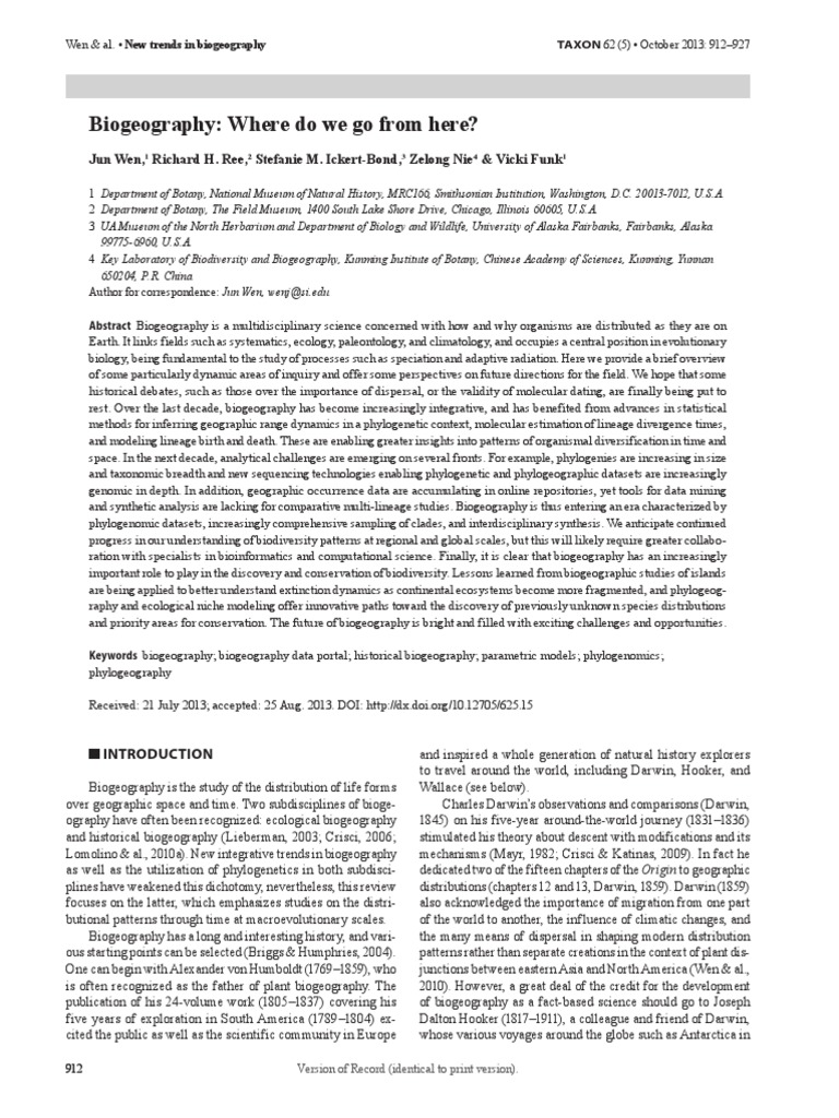 Wen, J. Et Al. (2013) - Biogeography, Where Do We Go From Here | PDF ...