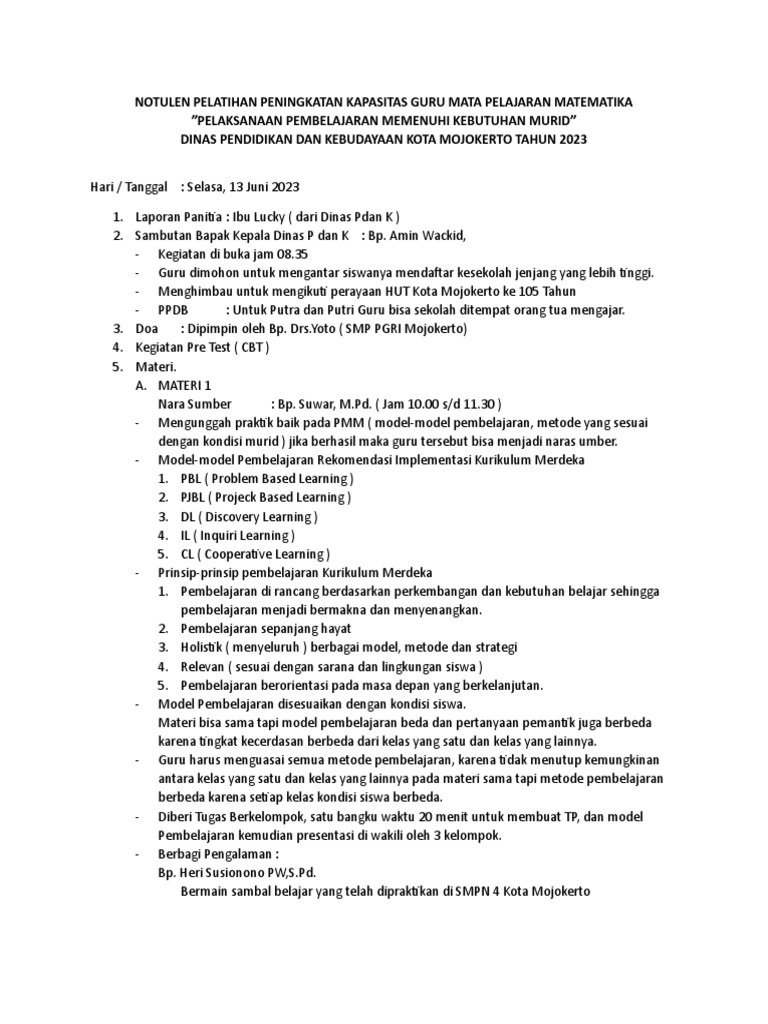 Notulen Pelatihan Guru Matematika 2023 | PDF