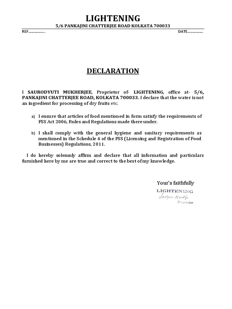 Declaration of Food Safety Compliance | PDF | Cooking, Food & Wine | Law