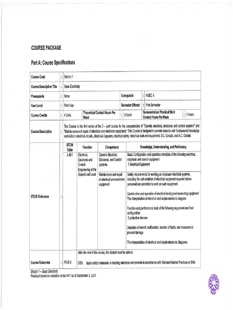 BSMarE - ELECTRO1 (COURSE PACKAGE) | PDF