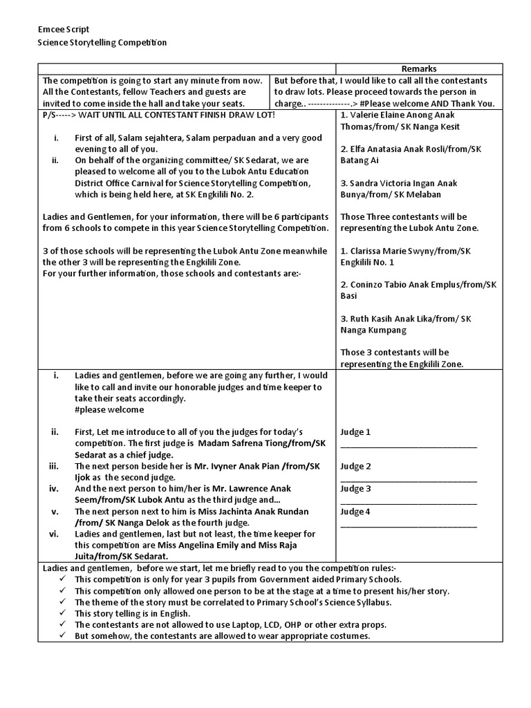 Emcee Script For Science Storytelling Competition | PDF