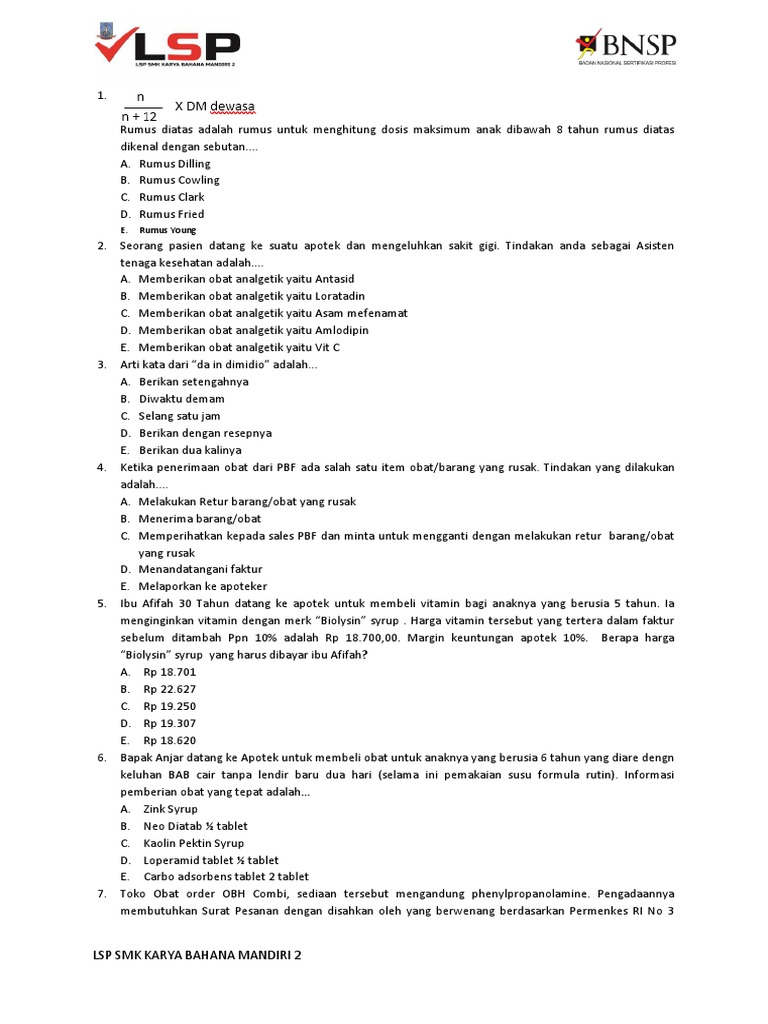 Soal Teori Usk Farmasi Tipe 1 | PDF