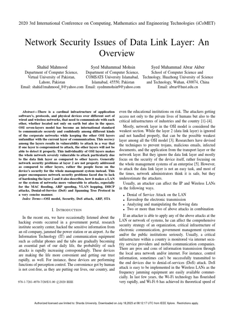 Network Security Issues Of Data Link Layer An Overview Pdf Computer 0917