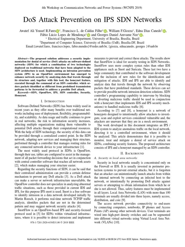 DoS Attack Prevention On IPS SDN Networks | PDF | Computer Network ...