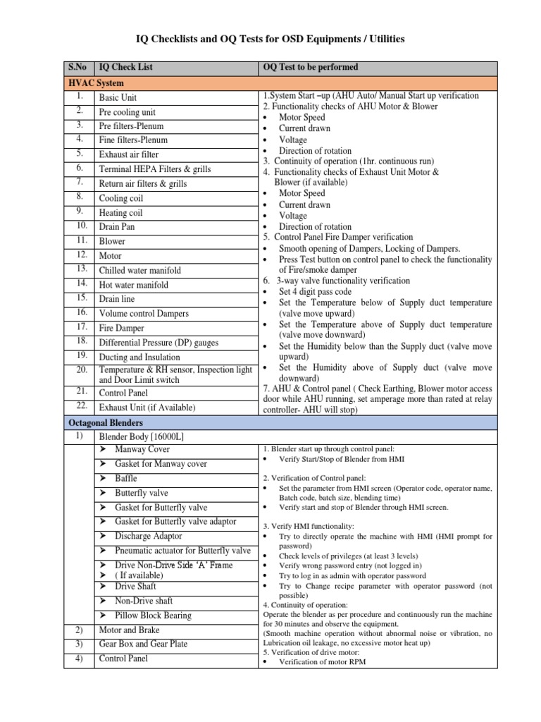 IQ and OQ Check List For OSD Site Utilities | PDF | Electric Motor | Verification And Validation