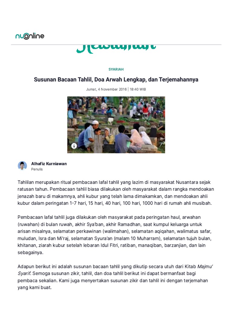 Susunan Bacaan Tahlil, Doa Arwah Lengkap, Dan Terjemahannya - NU Online ...