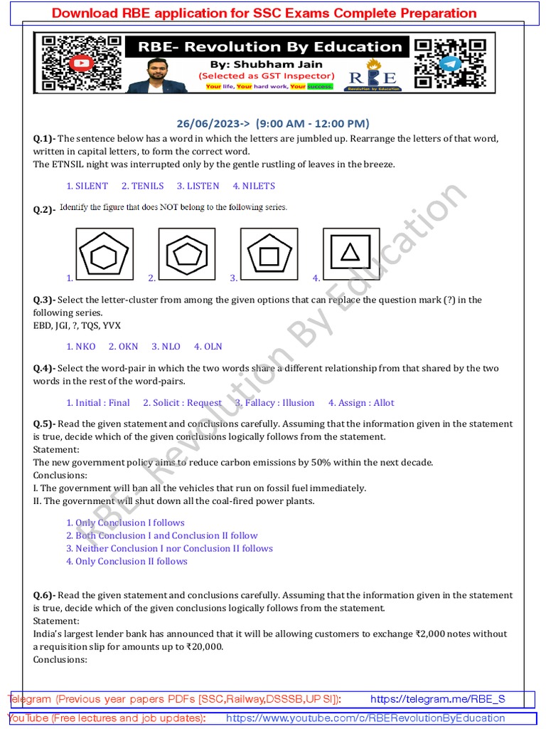 Reasoning SSC CHSL 2022 Tier II Paper I - Rbe | PDF