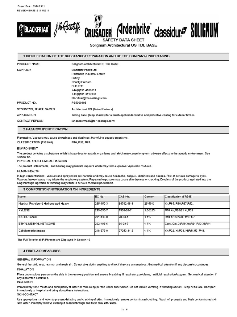 Solignum Arch Solvent-Borne MSDS | PDF | Toxicity | Water