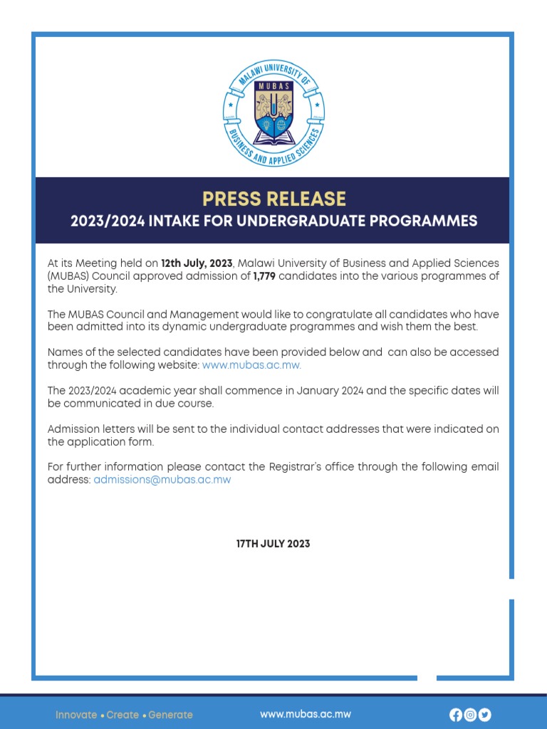 MUBAS 2023-2024 Undergraduate Generic Intake 18.07.23 | PDF