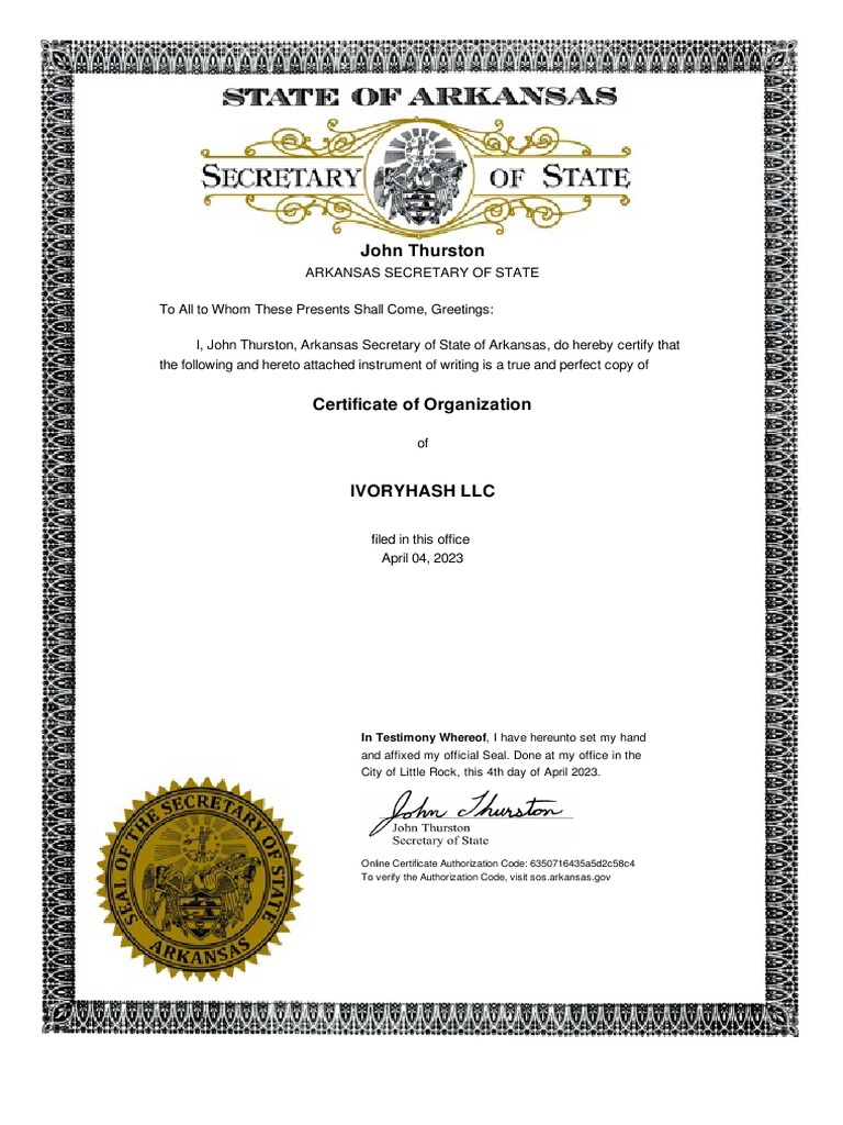 Ivoryhash LLC Certificate of Organization | PDF | Social Science | Law