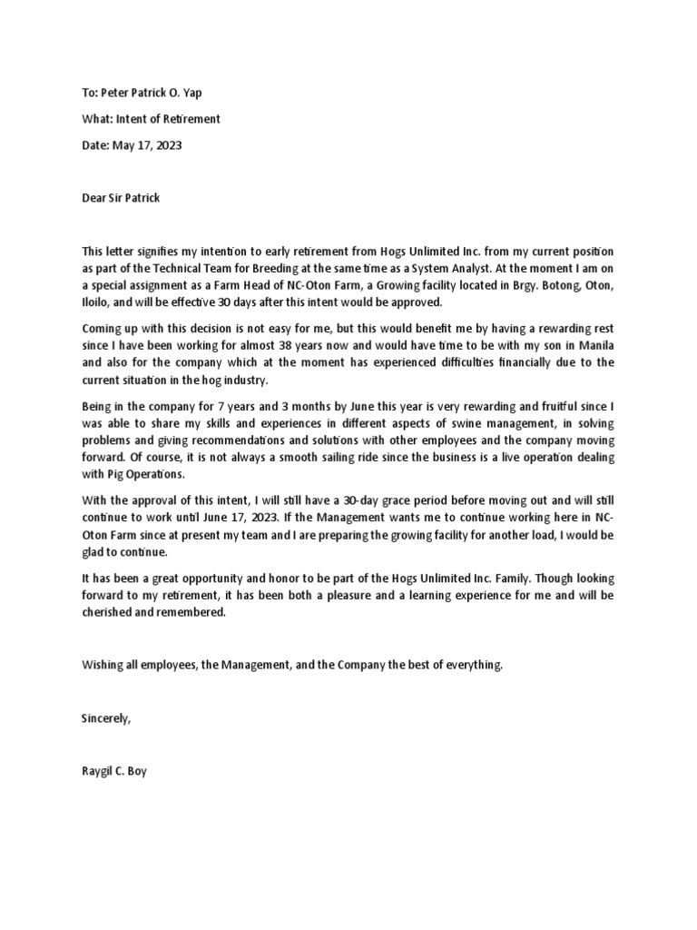 Letter of Intent - retirement | PDF