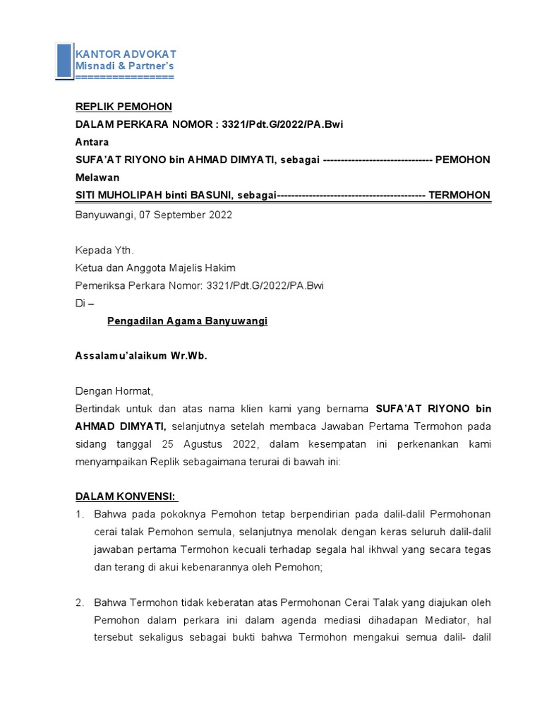 Replik Cerai Talak Sufa'at Riyono | PDF
