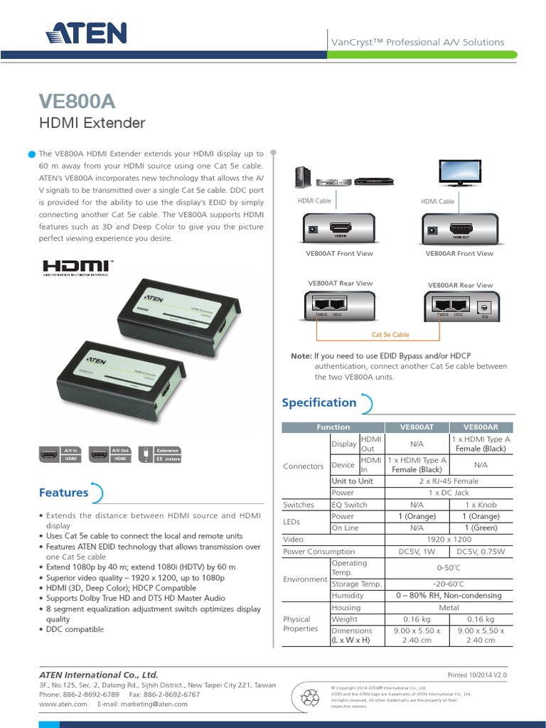 ATEN Ve800a Extender | PDF | Hdmi | Media Formats