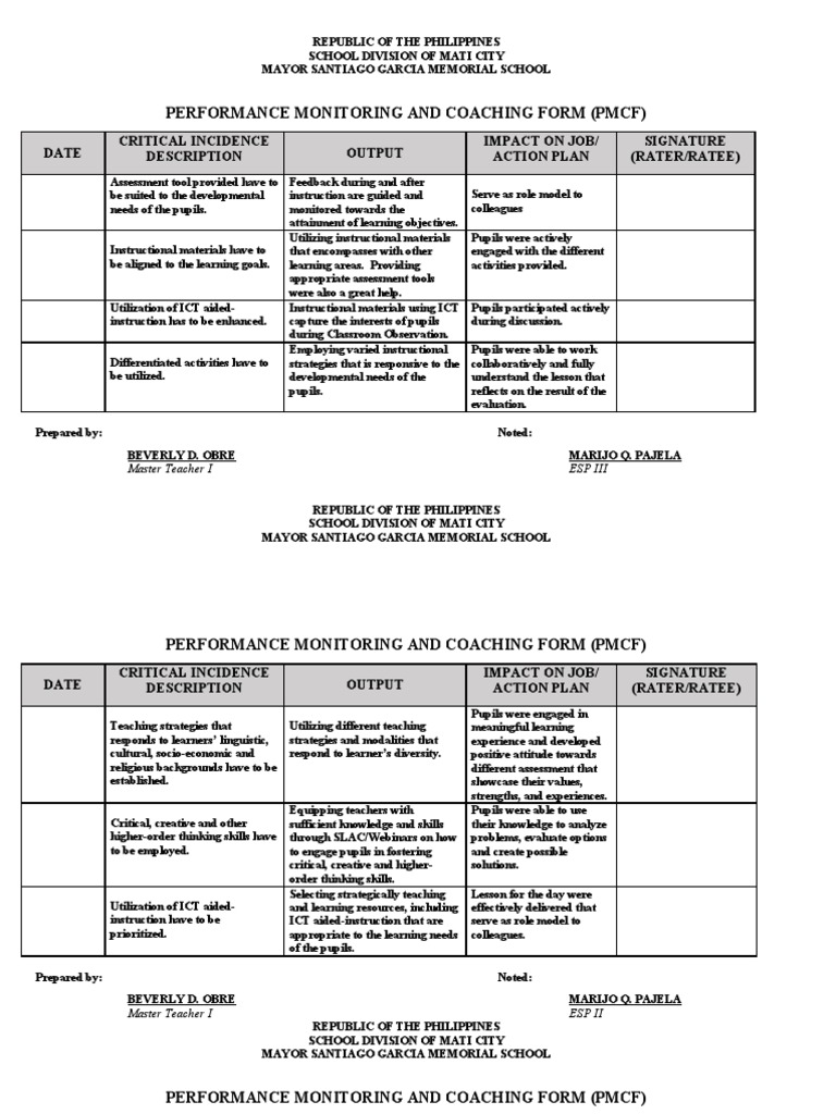 PERFORMANCE MONITORING AND COACHING FORM (PMCF) FOR MT - Ashguifiles ...