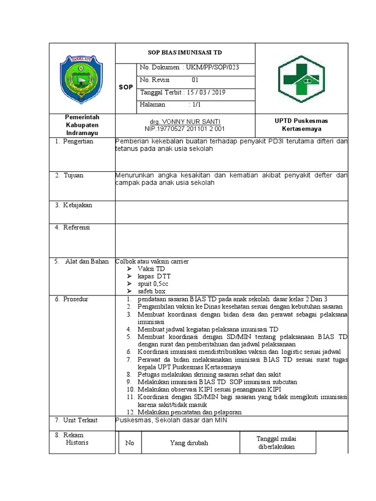 Sop Bias Imunisasi TD | PDF