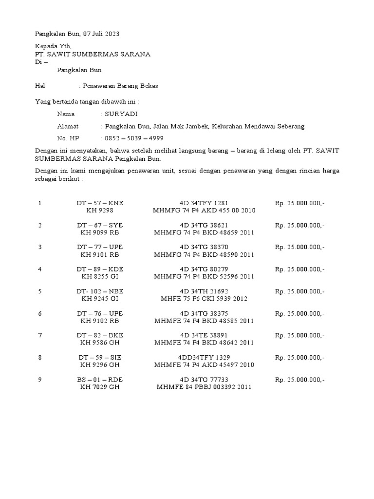 Surat Penawaran Lelang Barang Bekas | PDF