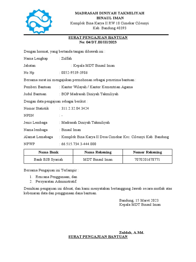 Surat Pengajuan Bantuan Simba | PDF