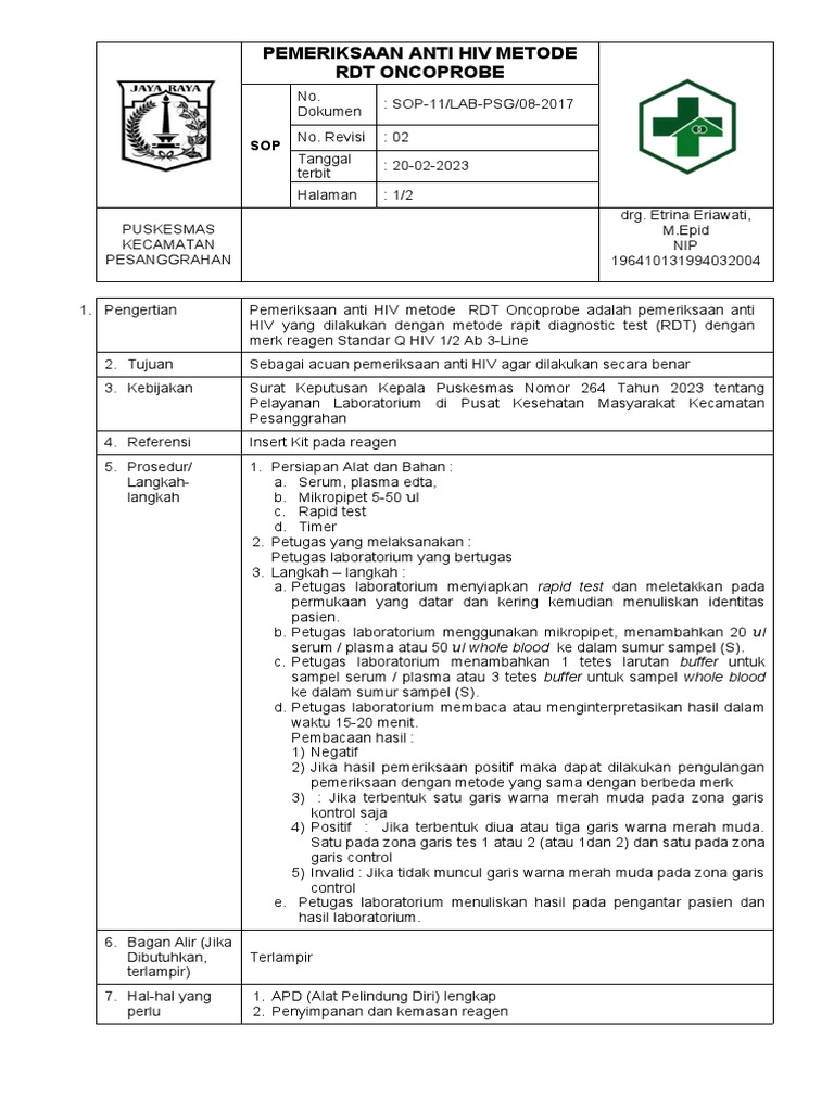 011 Sop Pemeriksaan Anti Hiv Metode RDT Oncoprobe | PDF