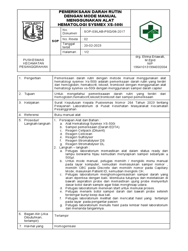 03 Sop Pemeriksaan Darah Rutin Dengan Mode Manual Menggunakan Alat ...