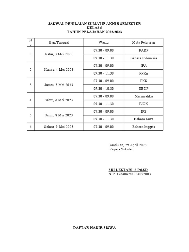 Jadwal Penilaian Sumatif Akhir Semester | PDF