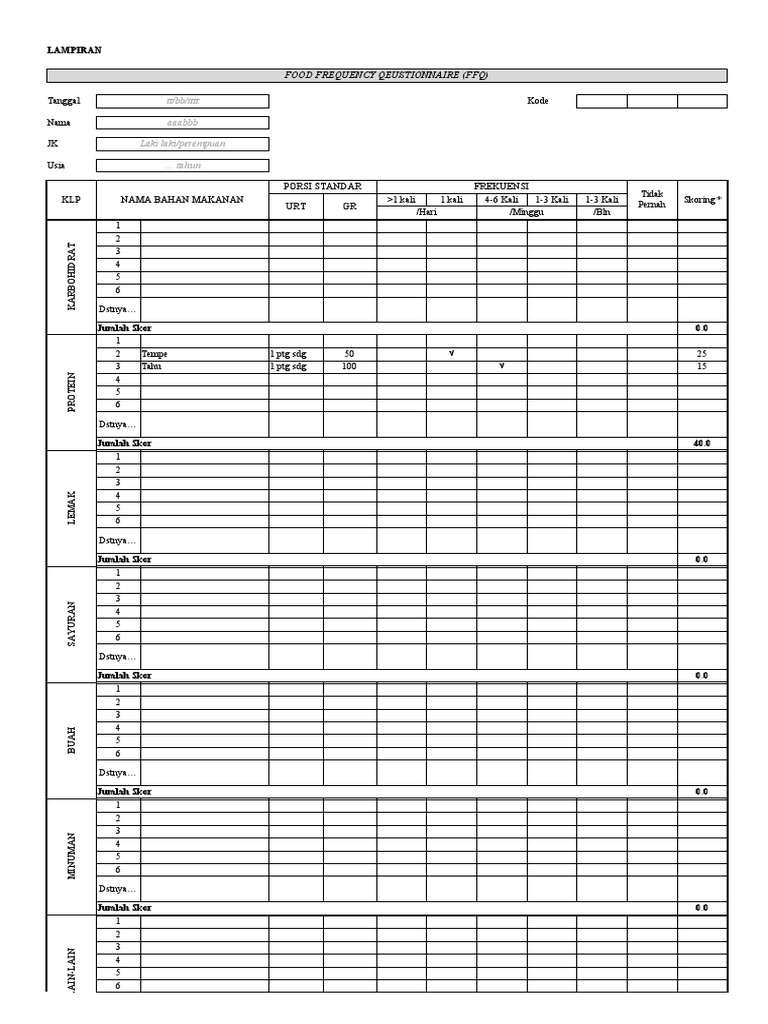 Kuesioner Frekuensi Makanan (FFQ) | PDF