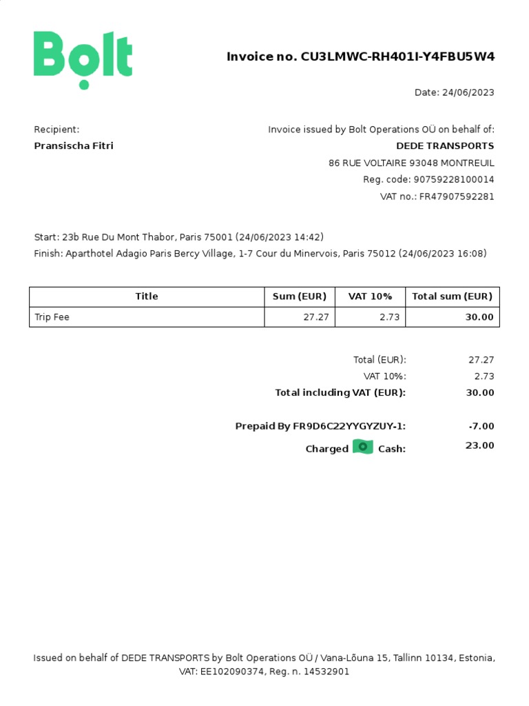 Ride Invoice From Bolt | PDF