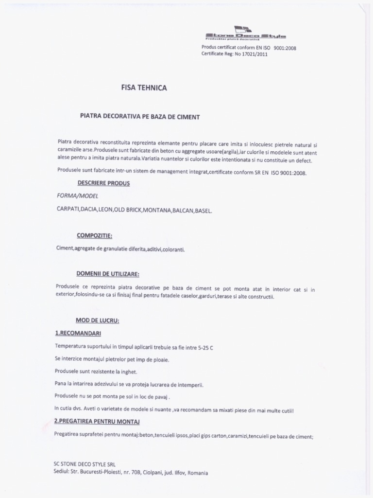 Fisa Tehnica - Piatra decorativa | PDF