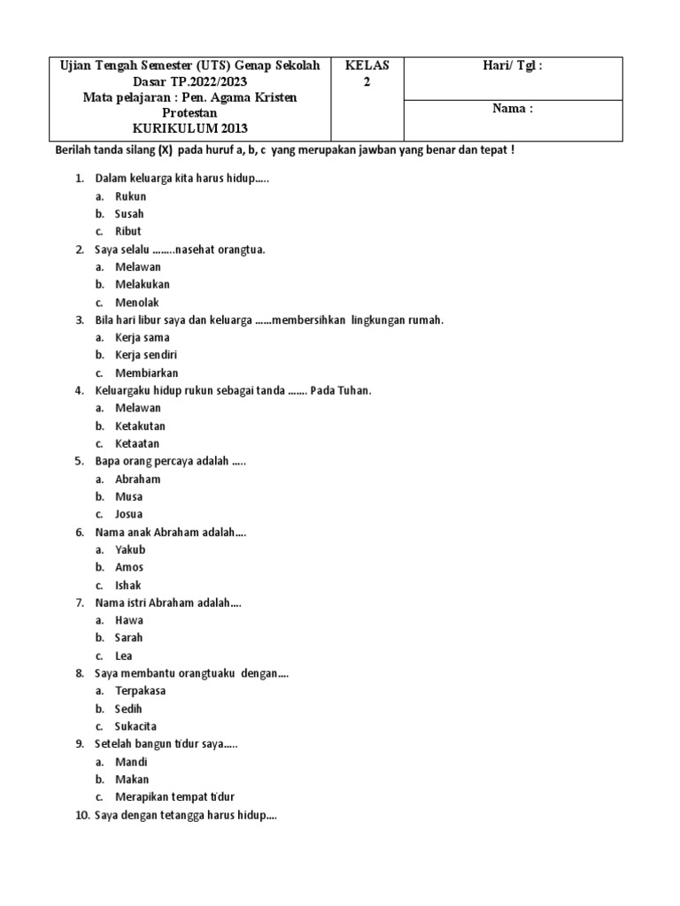 Soal UTS Agama Kristen Kelas 2 SD | PDF