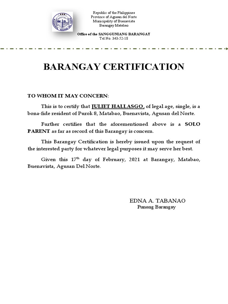 Barangay Solo Parent Certification | PDF | Private Law | Legal Concepts