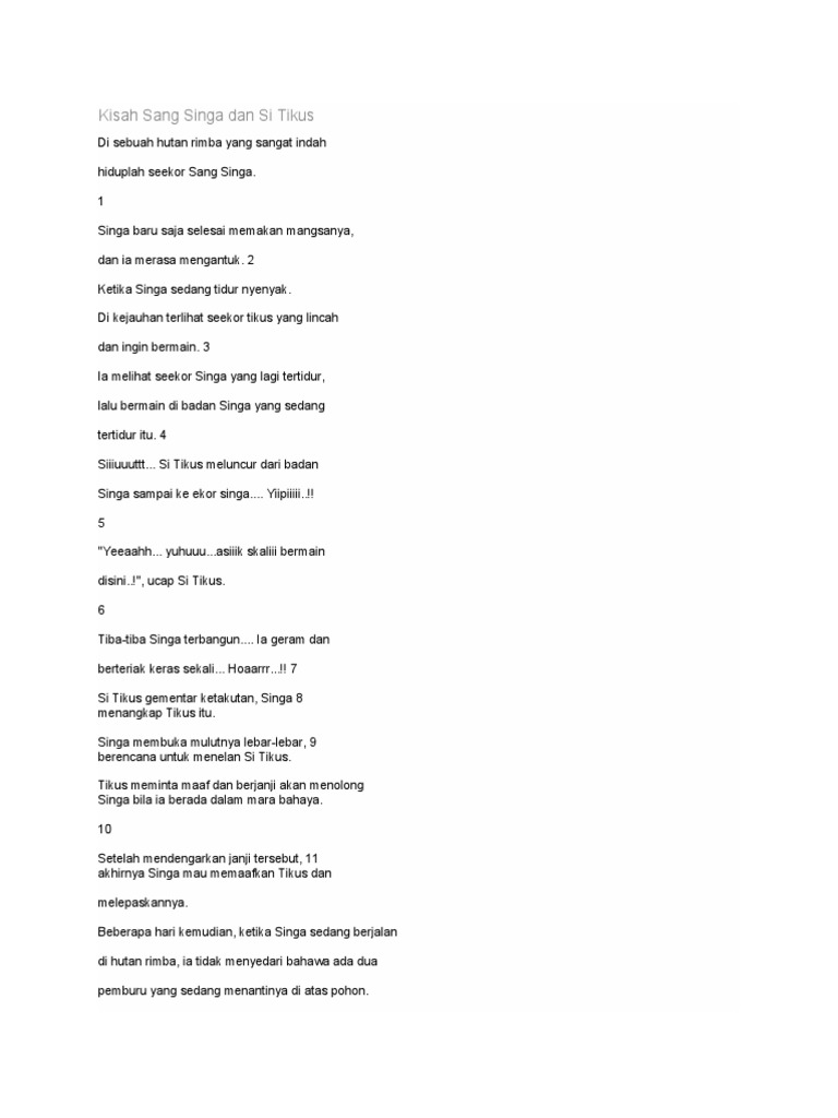 Kisah Sang Singa Dan Si Tikus | PDF