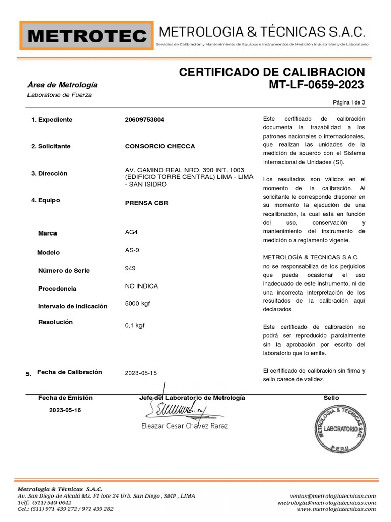 Certificado de Calibracion - Prensa CBR | PDF | Calibración | Metrología