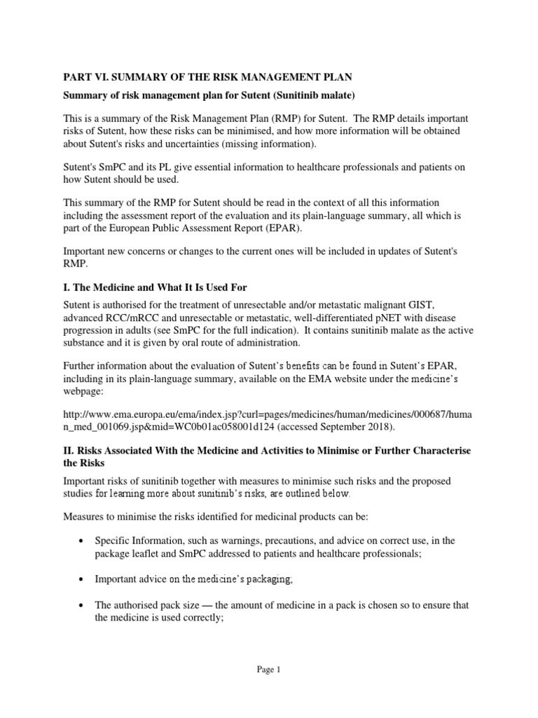 Sunitinib Risk Management Summary | PDF | Heart Failure | Cancer