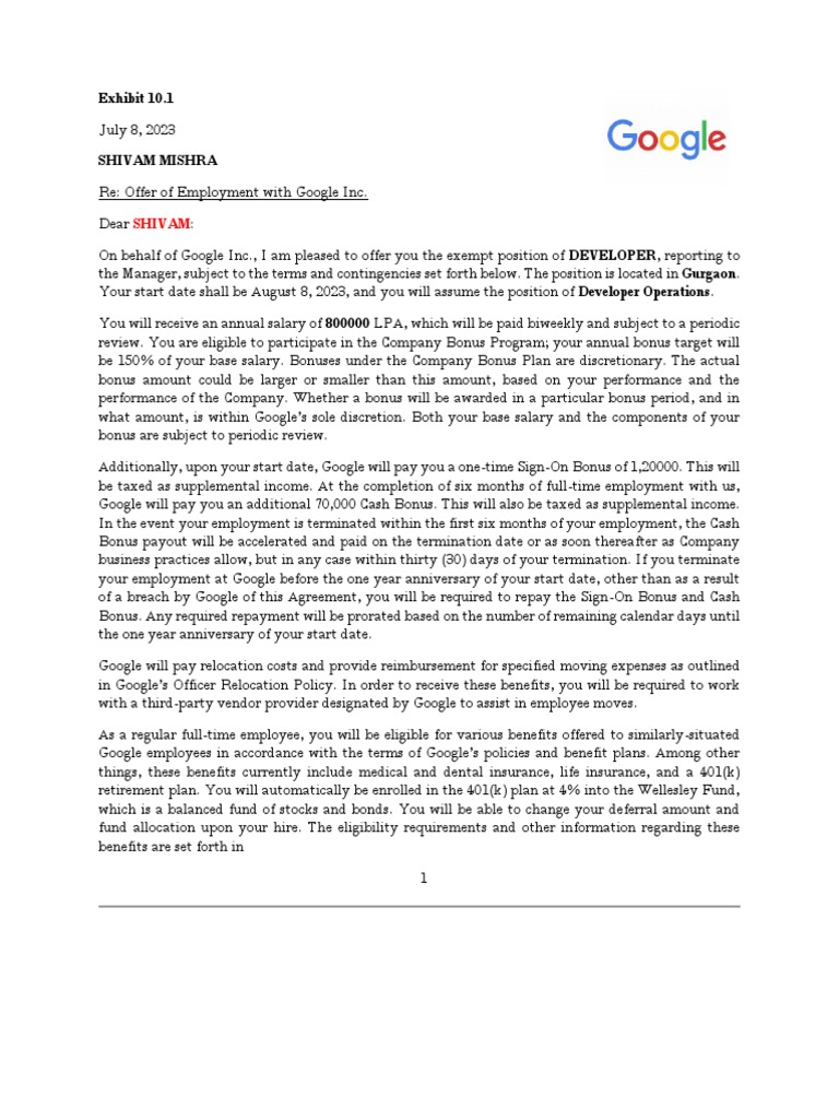 Google Offer Letter | PDF | Employment | Vesting