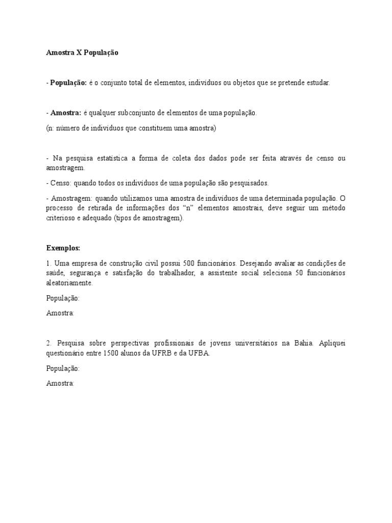 Amostra e Amostragem | PDF | Amostragem (Estatística) | Probabilidade